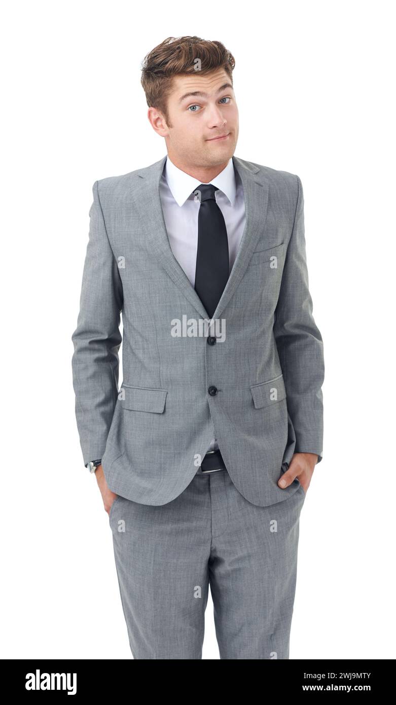 Studio, portrait and young businessman for confused professional with ...