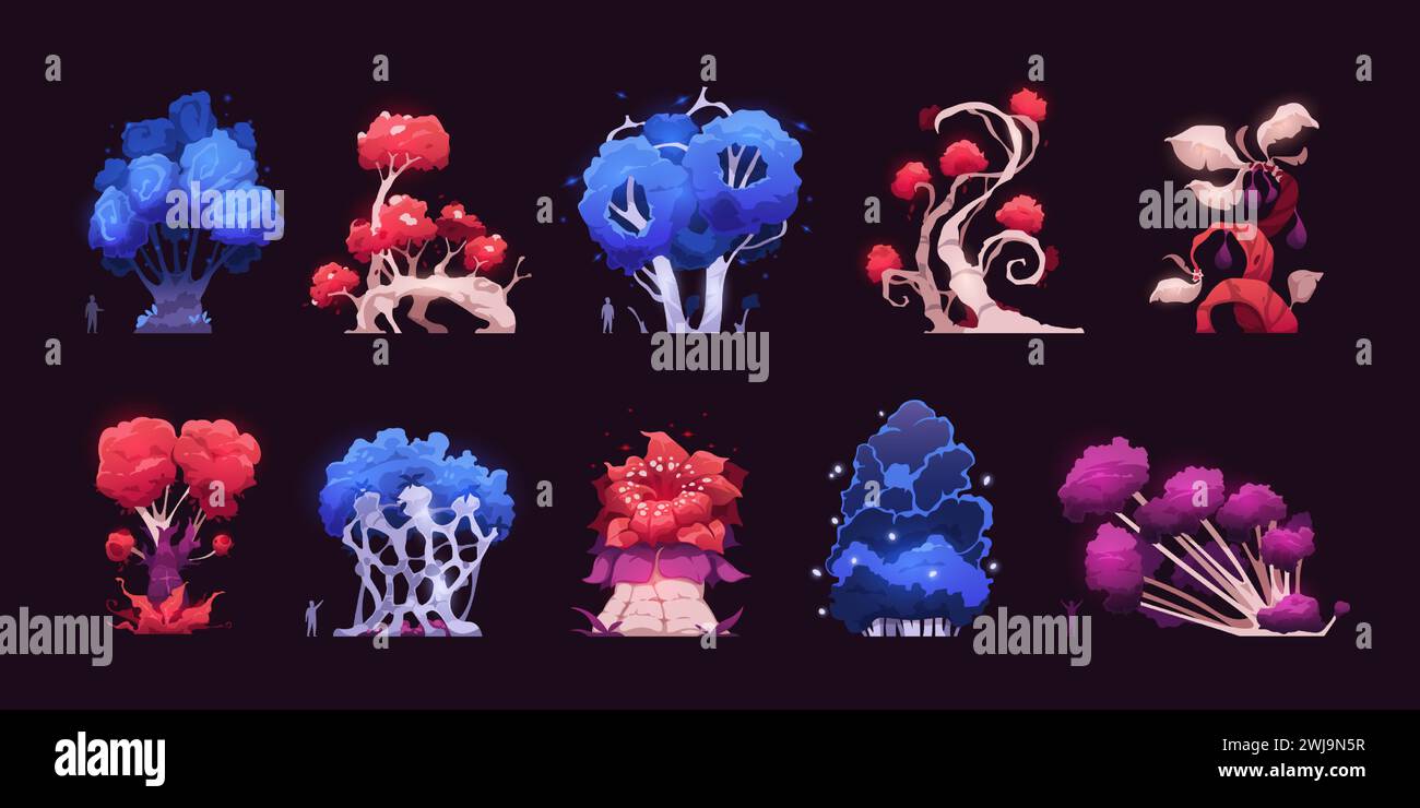 Fantasy trees. Cartoon bizarre forest with strange branches and leaves ...