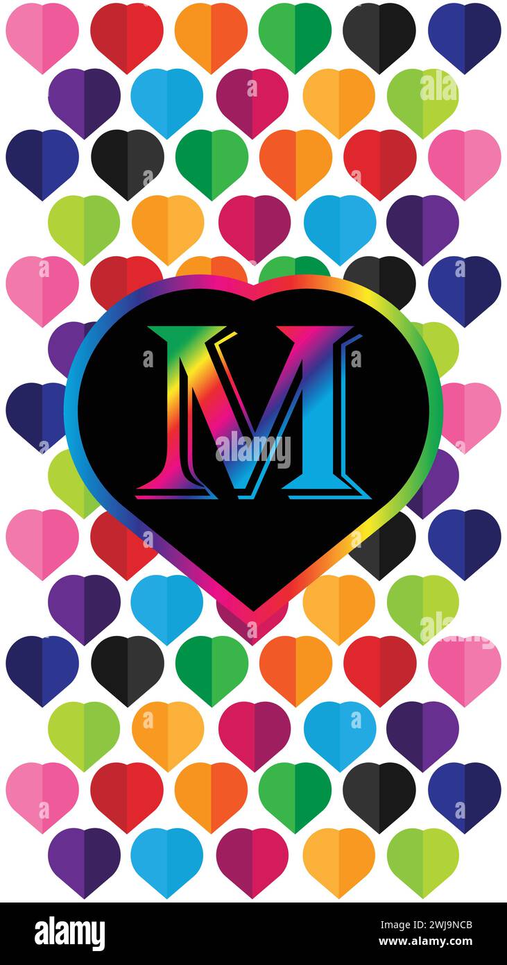 Letter M in the heart of the colorful hearts on a white background ...