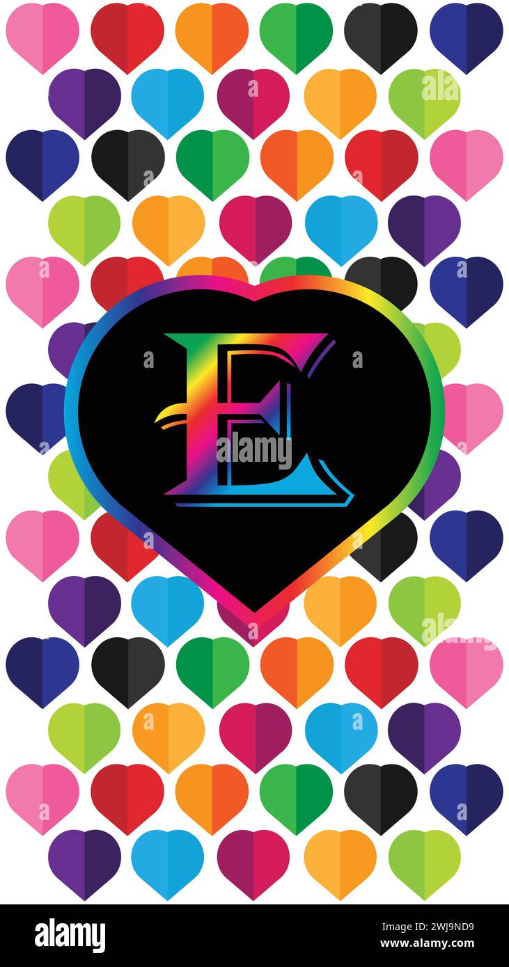 Letter E in the heart of the colorful hearts on a white background ...