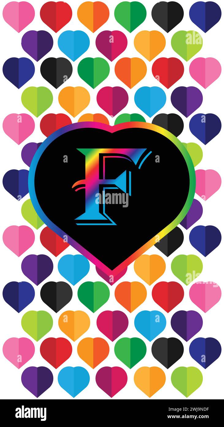 Letter F in the heart of the colorful hearts on a white background ...