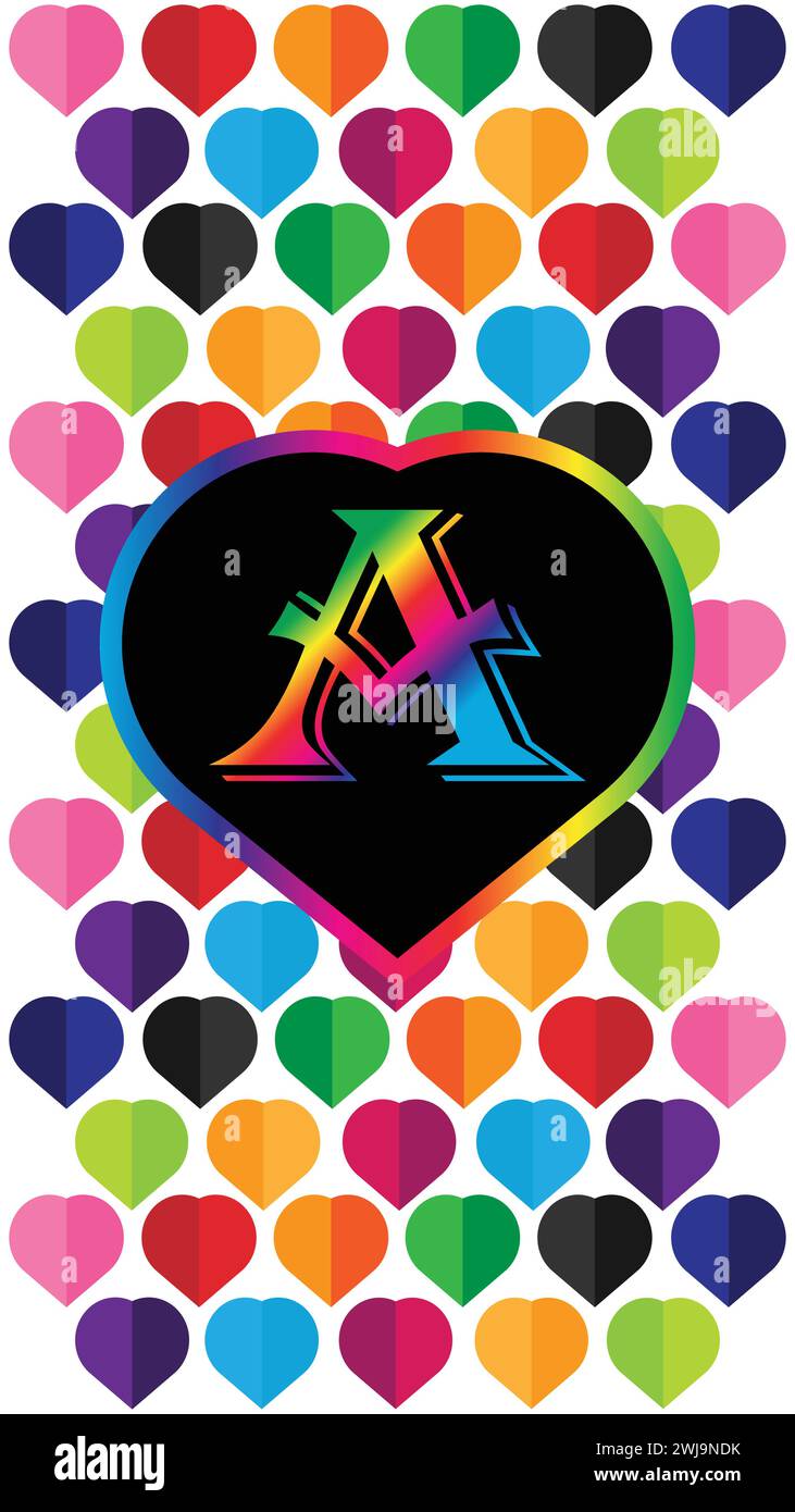 Letter A in the heart of the colorful hearts on a white background ...