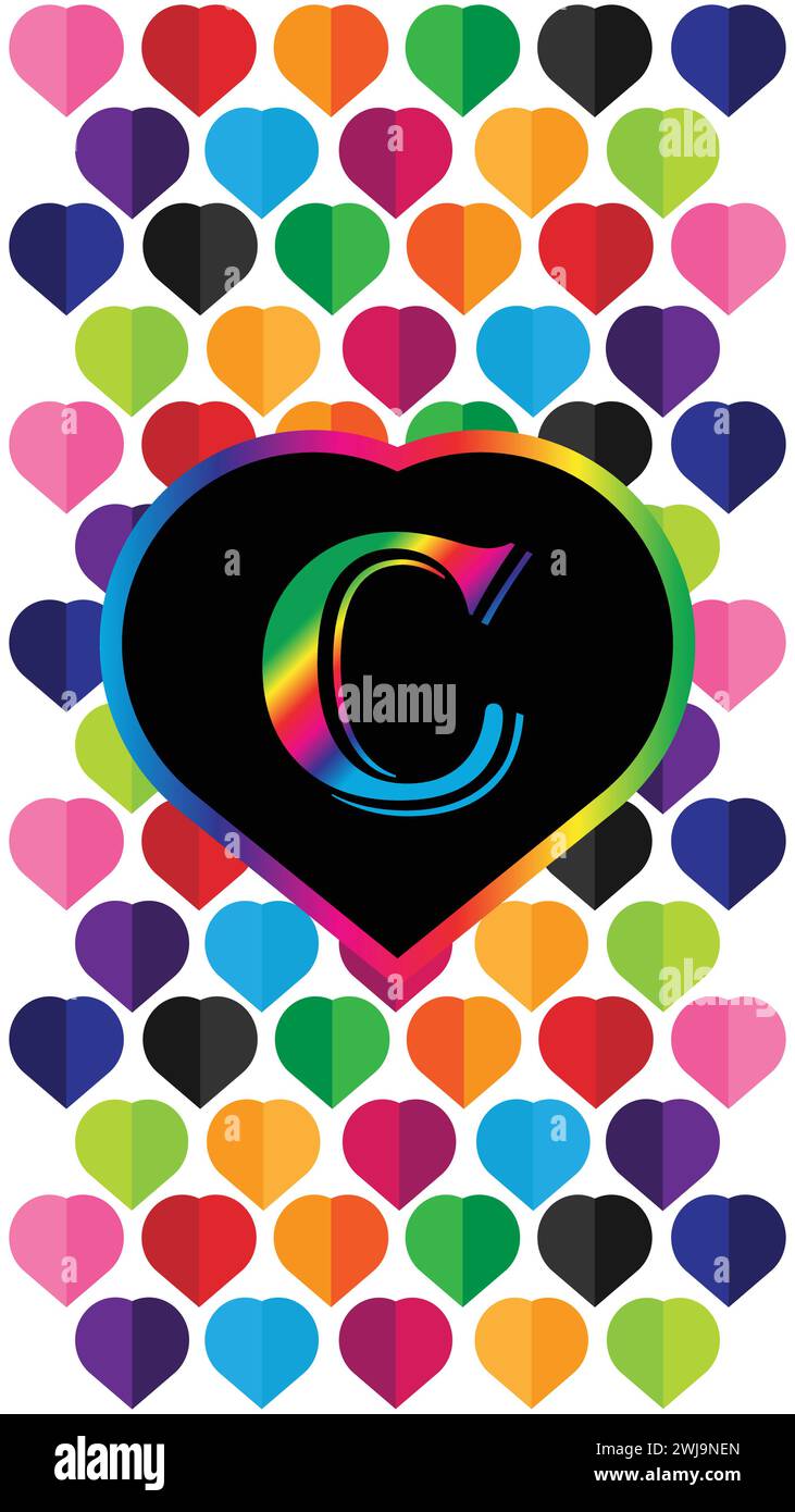 Letter C in the heart of the colorful hearts on a white background ...