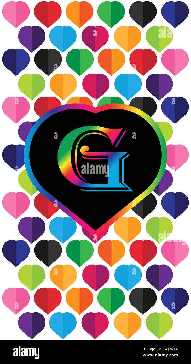 Letter G in the heart of the colorful hearts on a white background ...