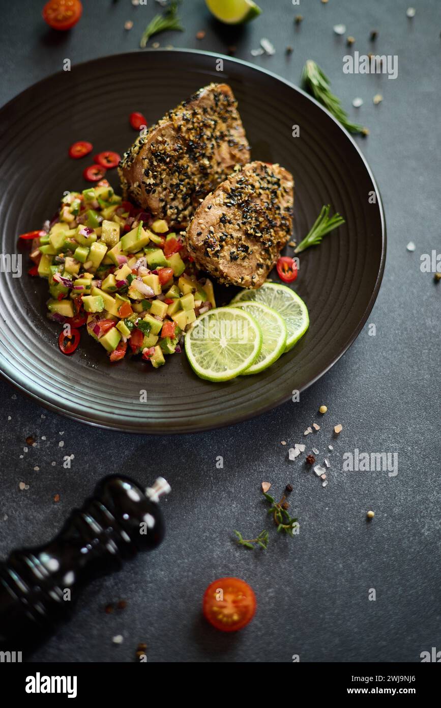 pieces of Organic grilled Tuna fillet covered with sesame seeds and ...
