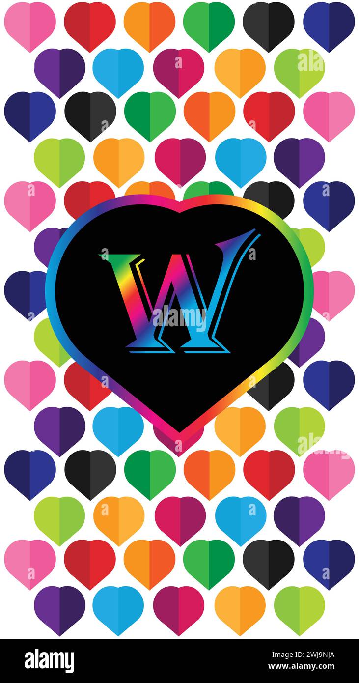 Letter W in the heart of the colorful hearts on a white background ...