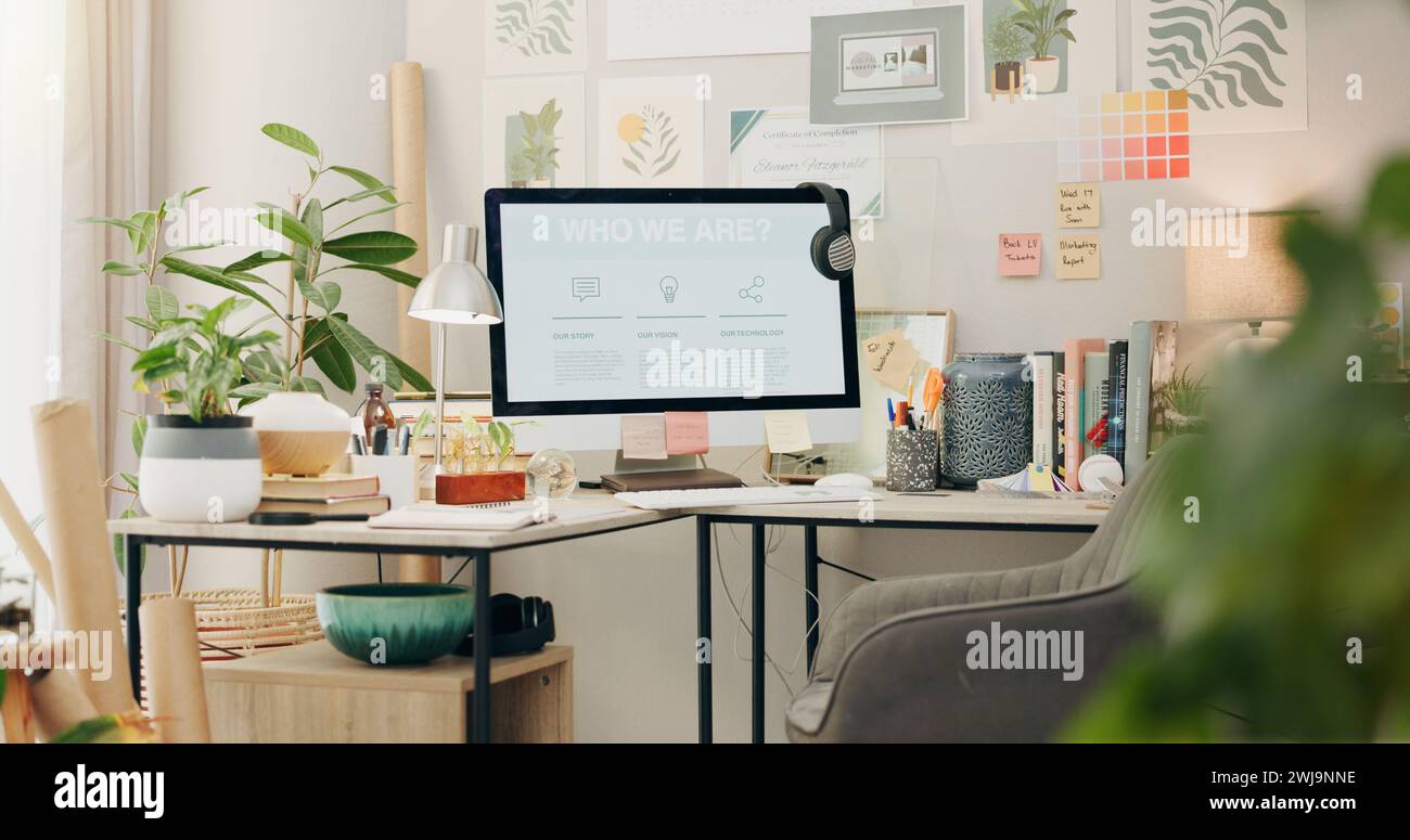 Empty, workspace and a computer in a home office for remote work ...