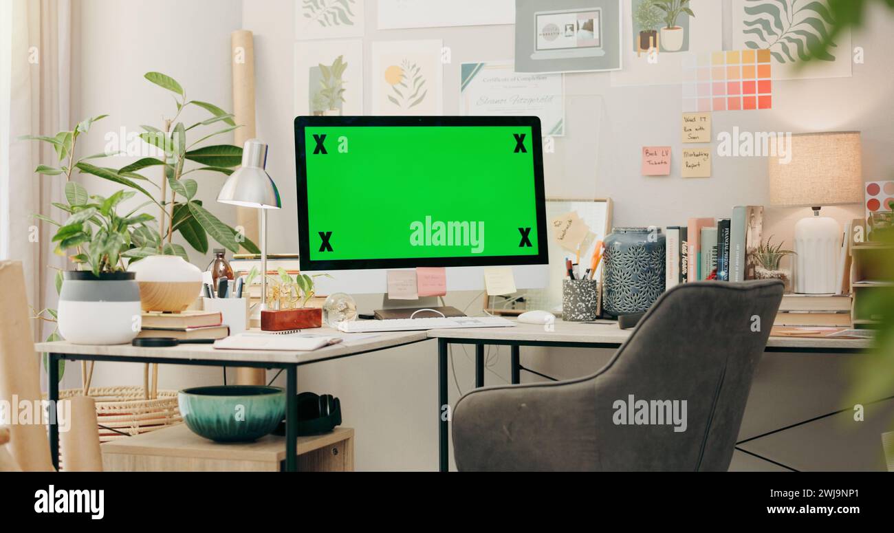 Office, desk and computer with green screen, mockup and desktop ...