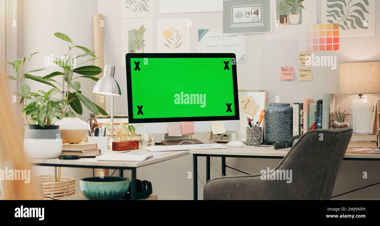 Office, desk and computer with green screen, chromakey and desktop ...