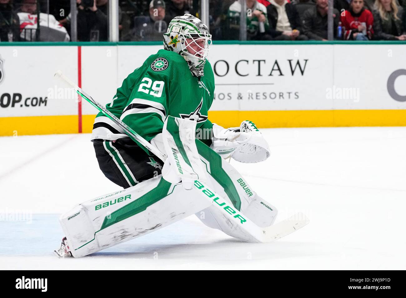 Dallas Stars goaltender Jake Oettinger minds the net during an NHL ...