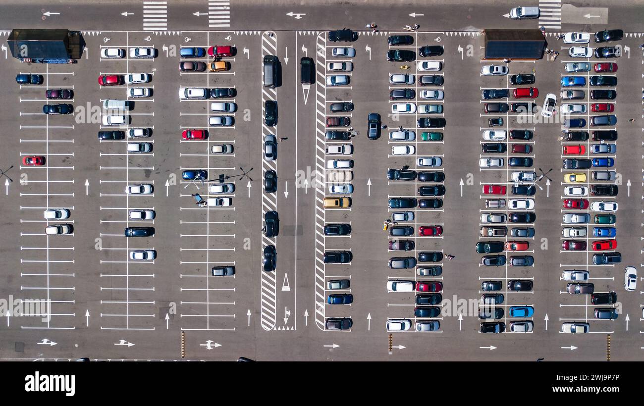 Parking lot with many cars aerial top drone view from above, city ...