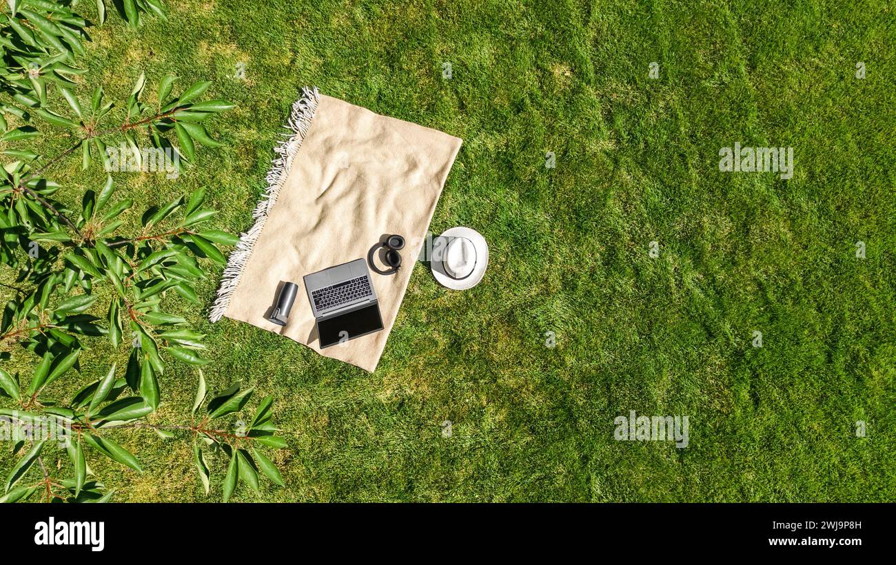 Laptop computer and headphones on park green grass, working and ...