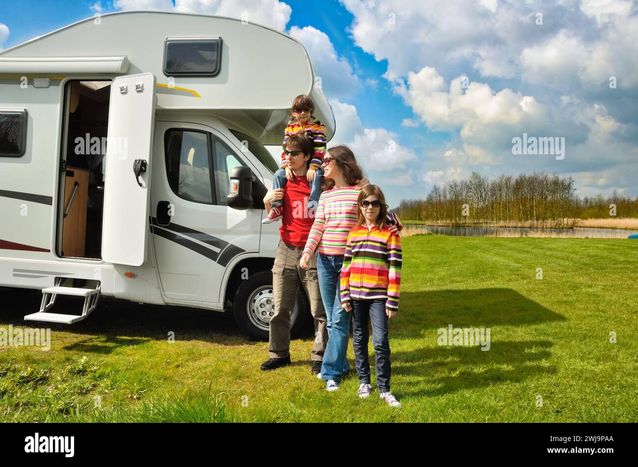 Family vacation, RV travel with kids, happy parents with children have ...