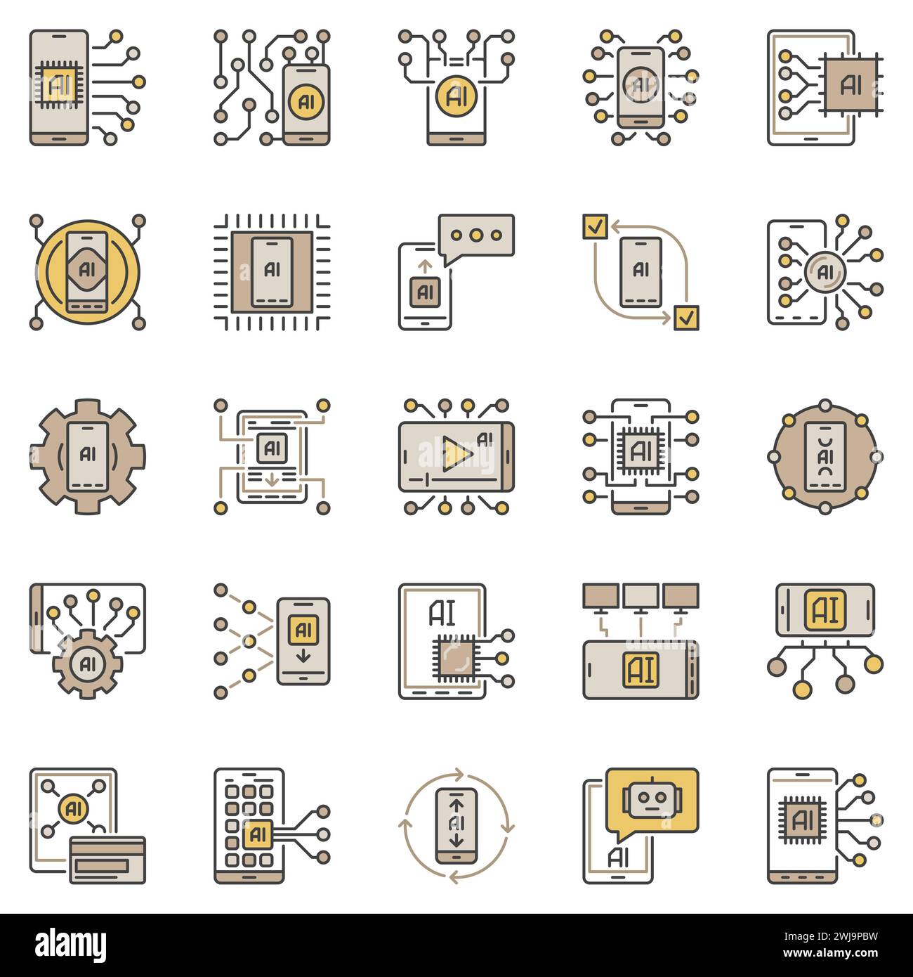 Artificial Intelligence in Smartphone colored icons. Phone with AI and ...