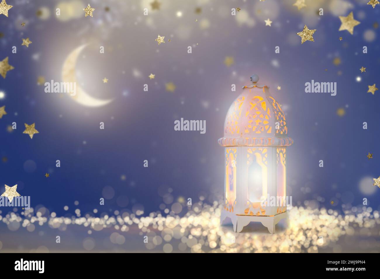 Ramadan Kareem greeting. Islamic lantern near mosque with night sky with crescent moon and stars ...