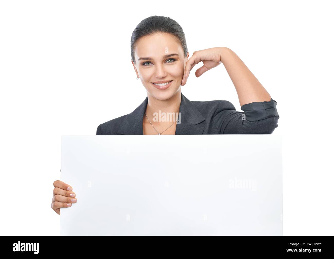 Girl, advertising and billboard with mockup space in studio, portrait ...
