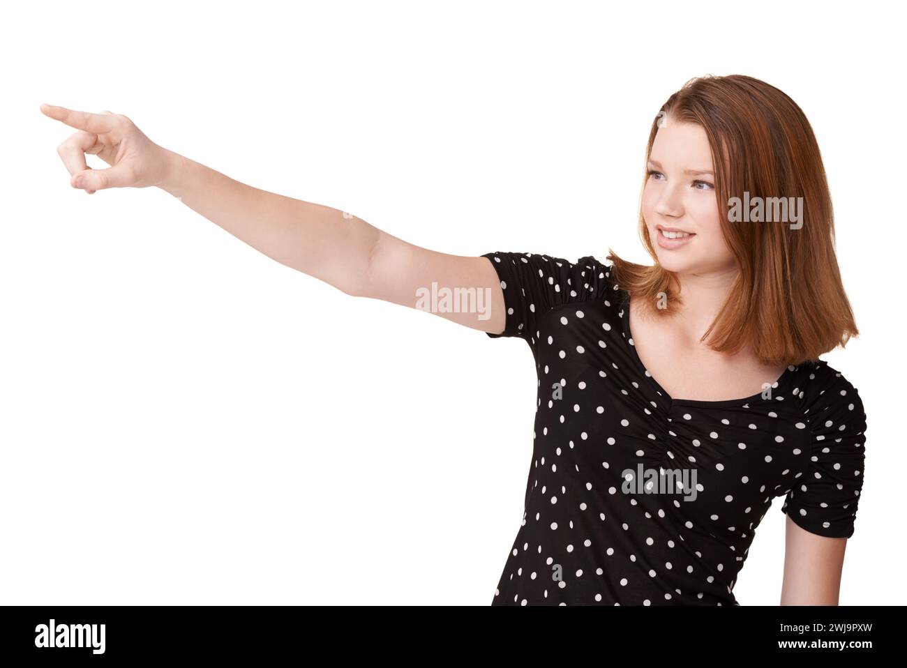 White background, portrait and girl to point, wonder and contemplate ...