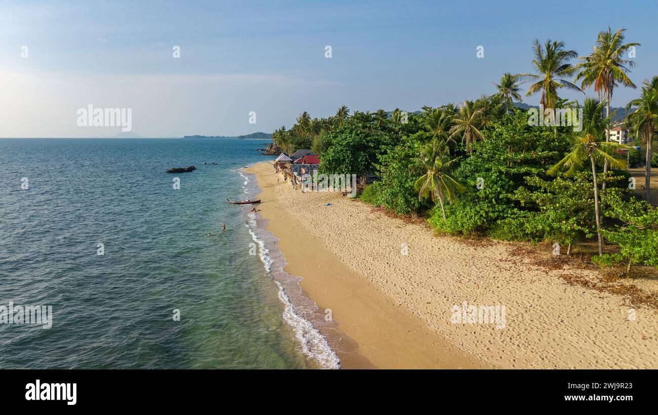 Aerial drone view of tropical beach from above, sea, sand and palm ...