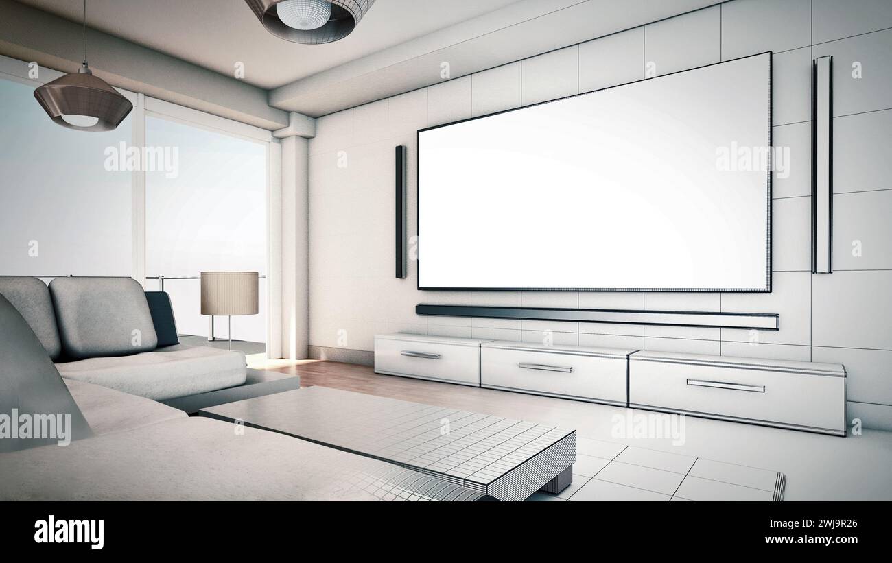 Modern living room half wireframe half standard rendering. 3D ...