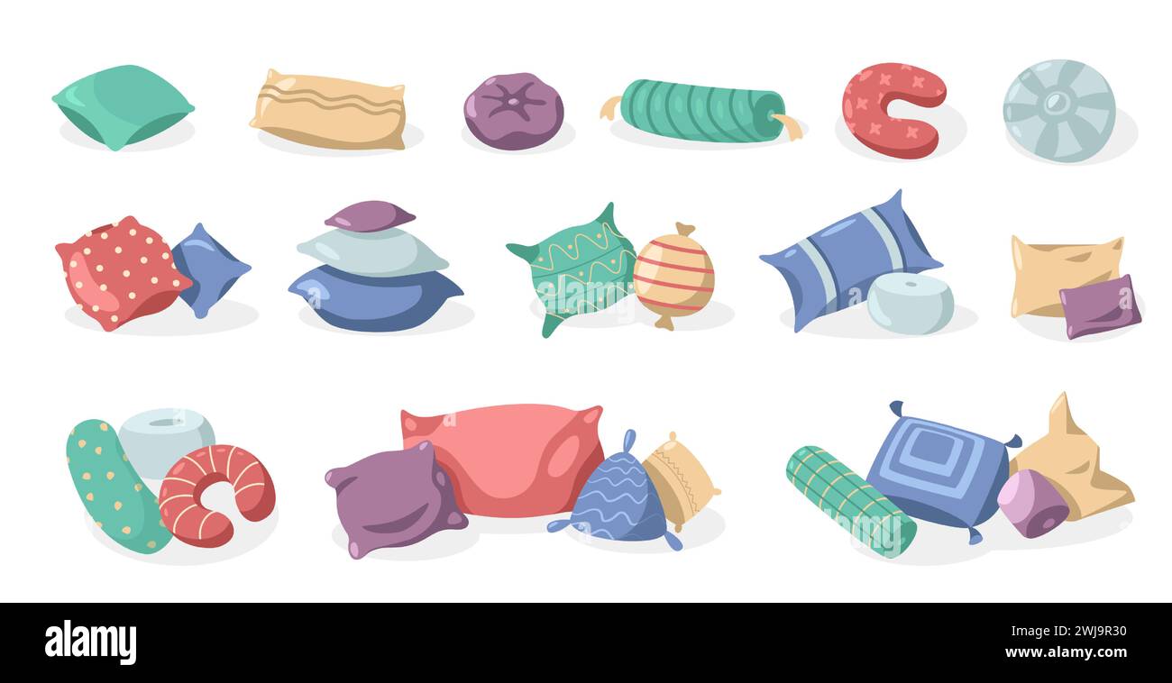 Cartoon colored pillows. Blank flat bed textile for interior design ...