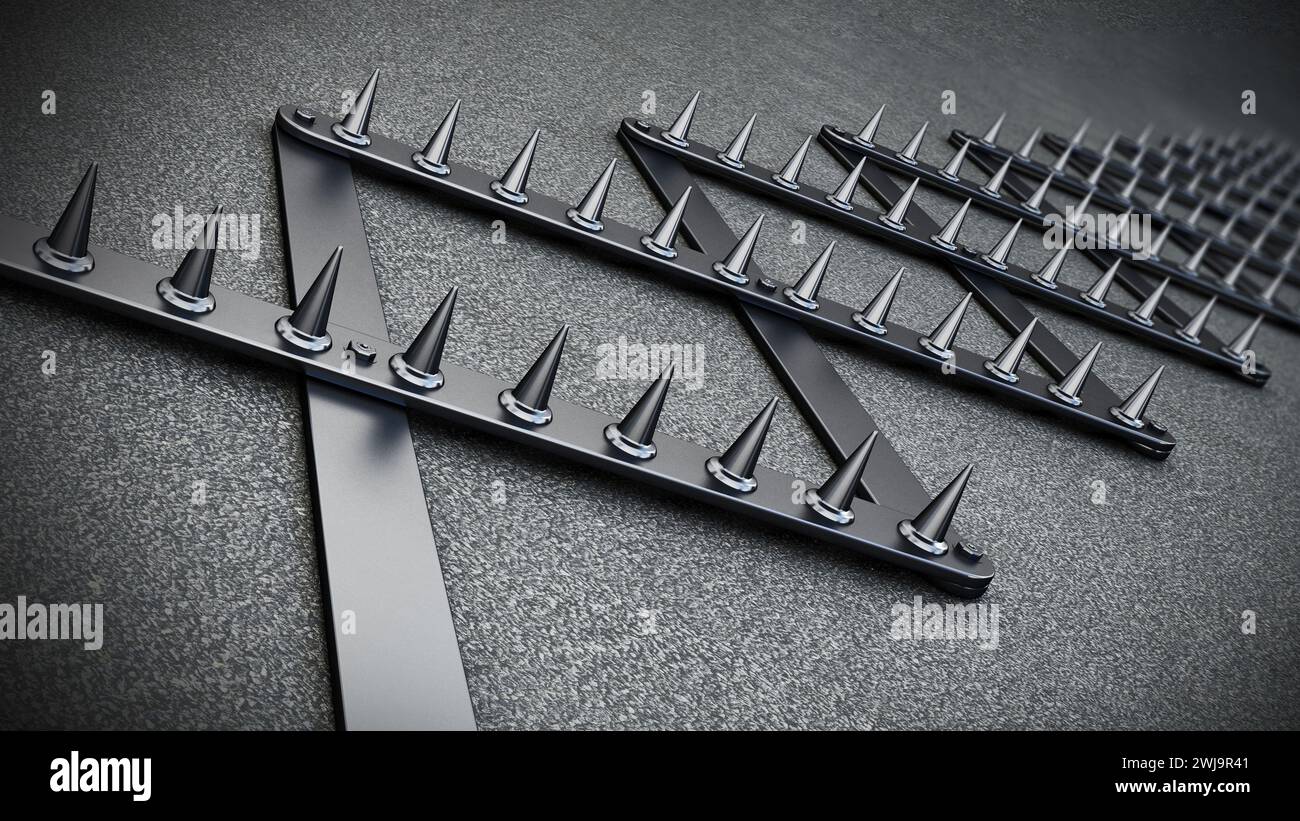 Road spike or tire trap on asphalt background. 3D illustration Stock ...