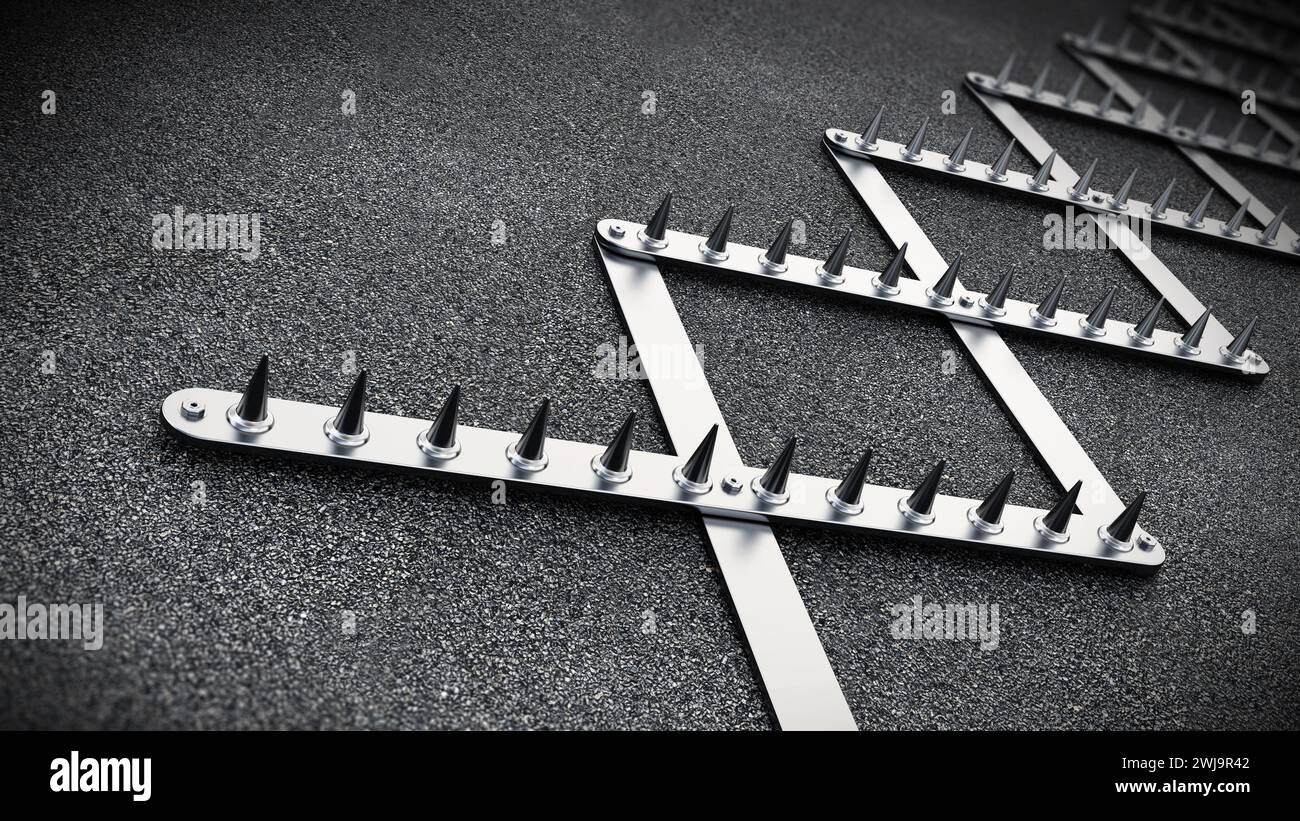 Road spike or tire trap on asphalt background. 3D illustration Stock ...