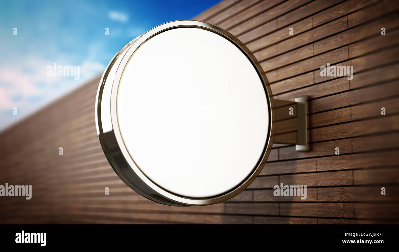 Blank round signboard attached to the wall. 3D illustration Stock Photo ...