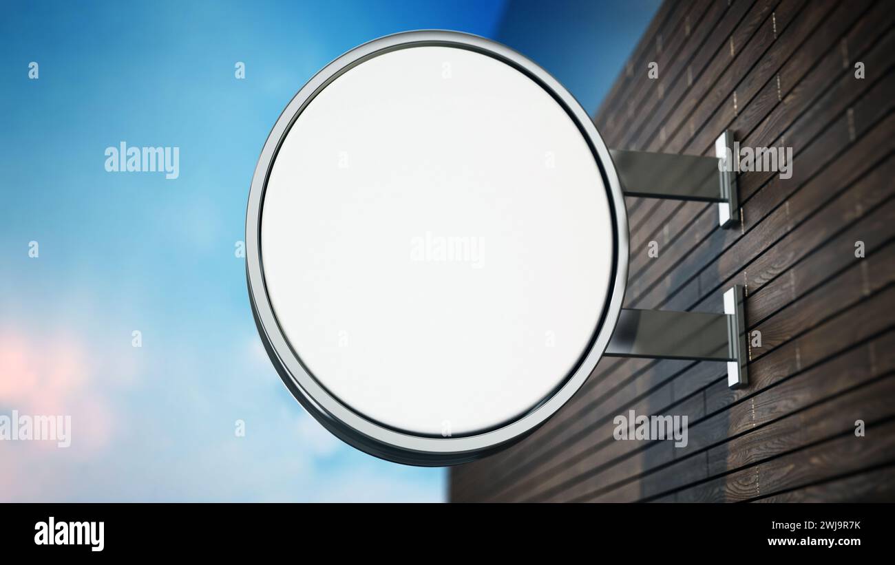 Blank round signboard attached to the wall. 3D illustration Stock Photo ...
