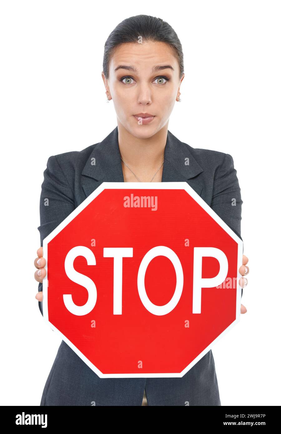 Business woman, stop sign and white background for safety campaign at ...