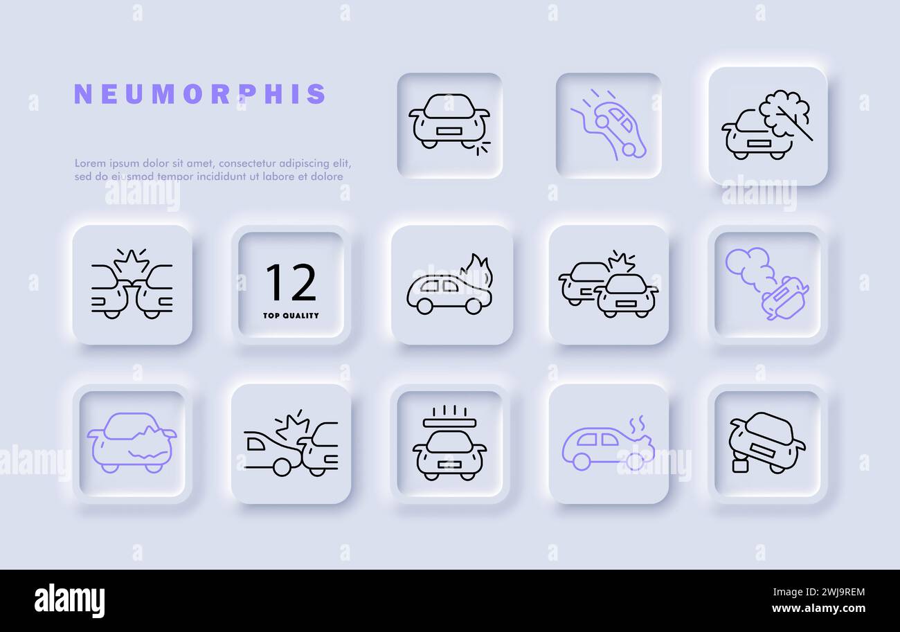 Accident set line icon. Fire, collision, smoke, slip, slippery road ...