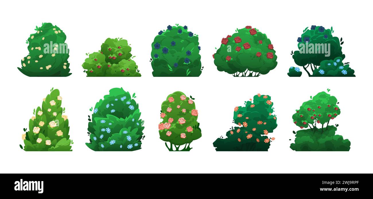 Shrubbery with flowers. Cartoon bushes with blooming plants, garden ...