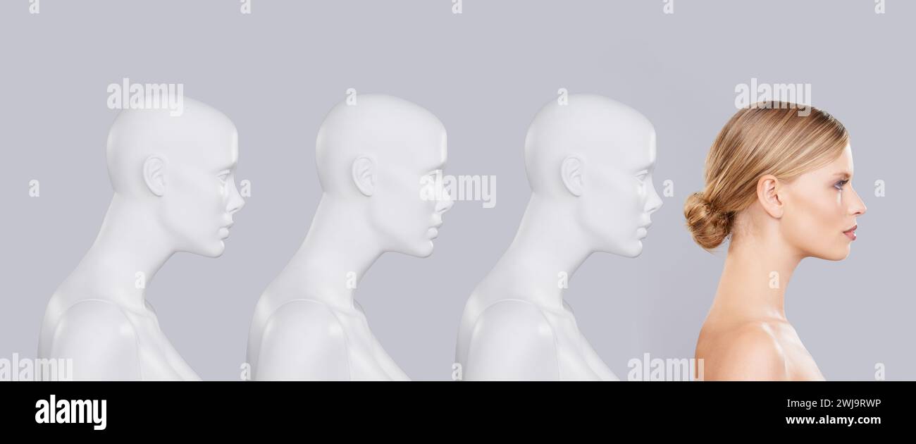 Mannequins, posture and woman with skincare, cosmetics and beauty on a ...