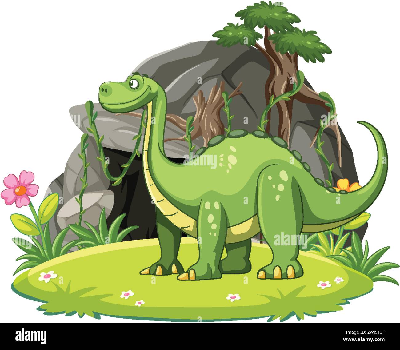 Cartoon dinosaur smiling in a vibrant prehistoric setting Stock Vector ...