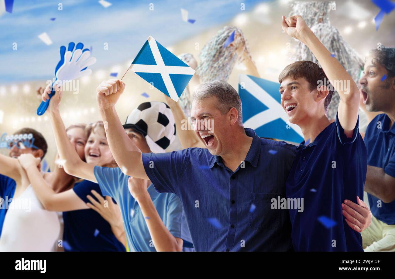 Scotland football supporter on stadium. Scottish fans on soccer pitch ...