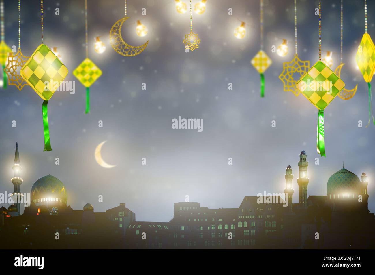 Ramadan Kareem greeting. Islamic lantern near mosque with night sky with crescent moon and stars ...