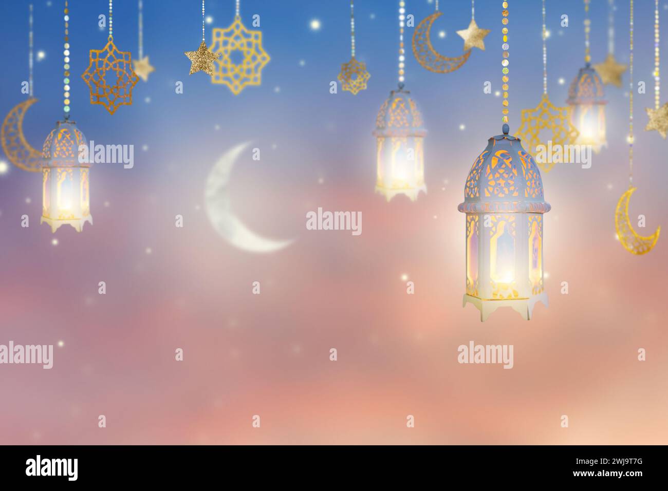 Ramadan Kareem greeting. Islamic lantern near mosque with night sky with crescent moon and stars ...