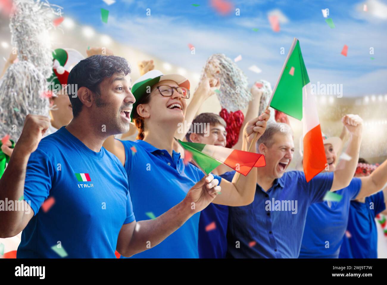 Italy football supporter on stadium. Italian fans on soccer pitch ...