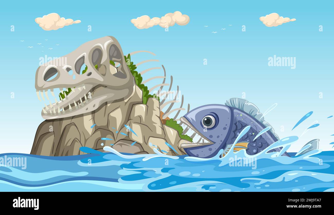 Cartoon fish and dinosaur skull on an island Stock Vector Image & Art ...
