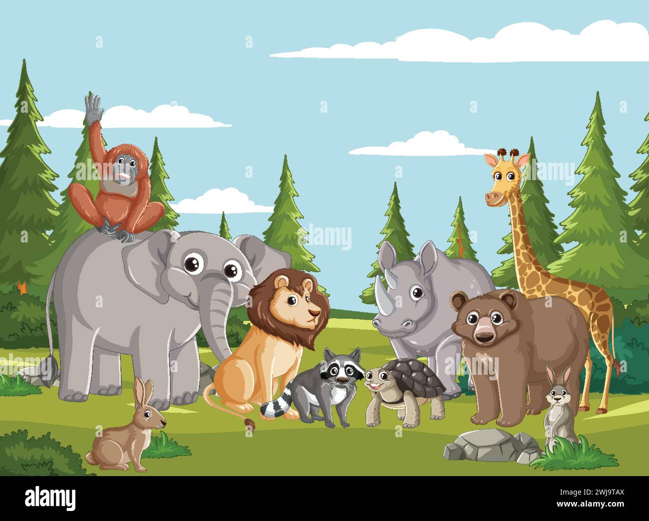 Cartoon animals gathered in a sunny forest landscape Stock Vector Image ...