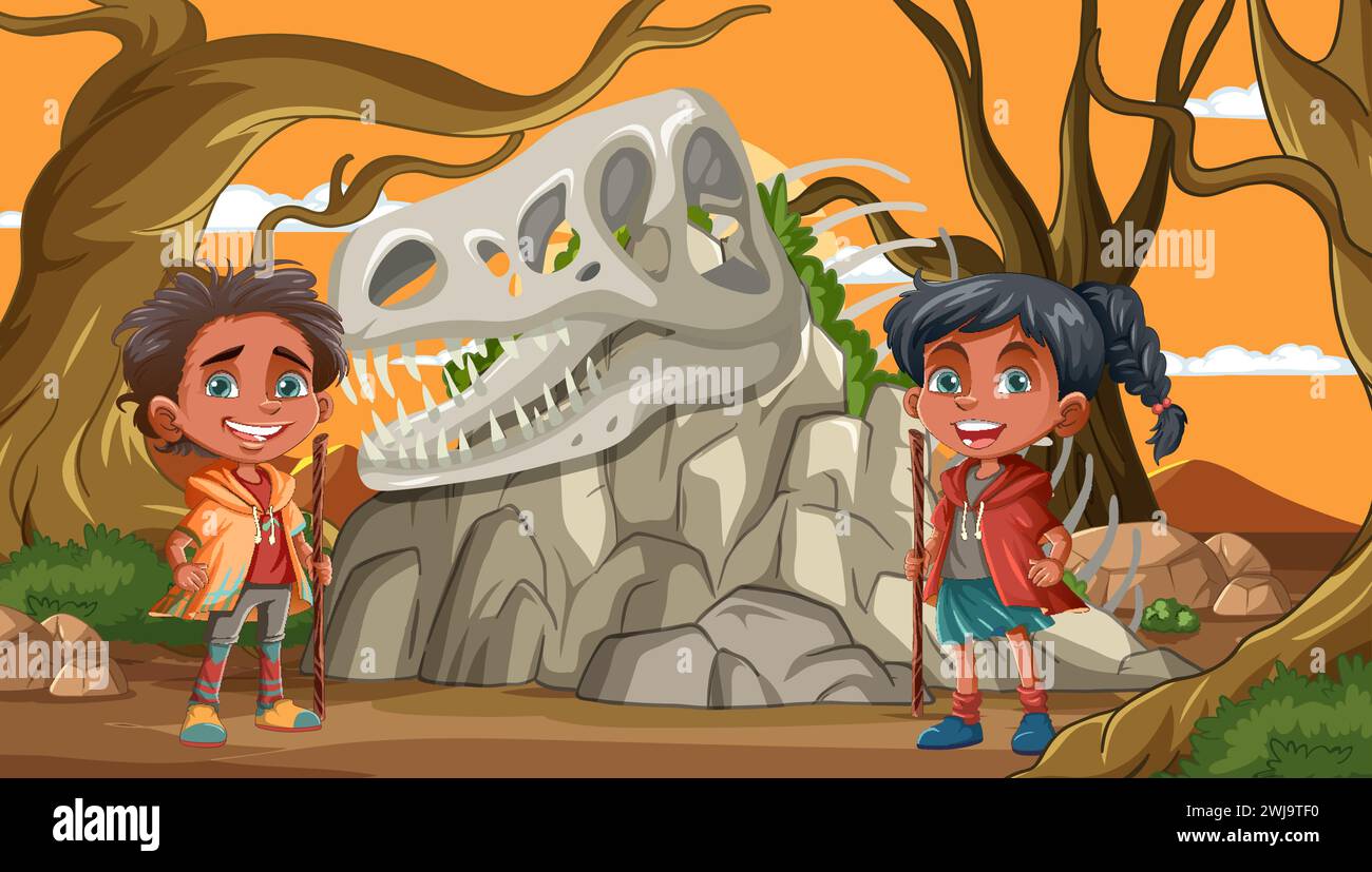 Two children exploring near a large dinosaur skull Stock Vector Image ...