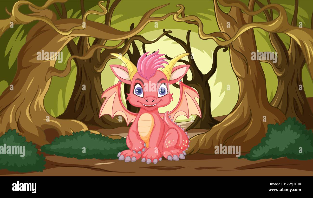 Adorable pink dragon sitting among twisted trees Stock Vector Image ...