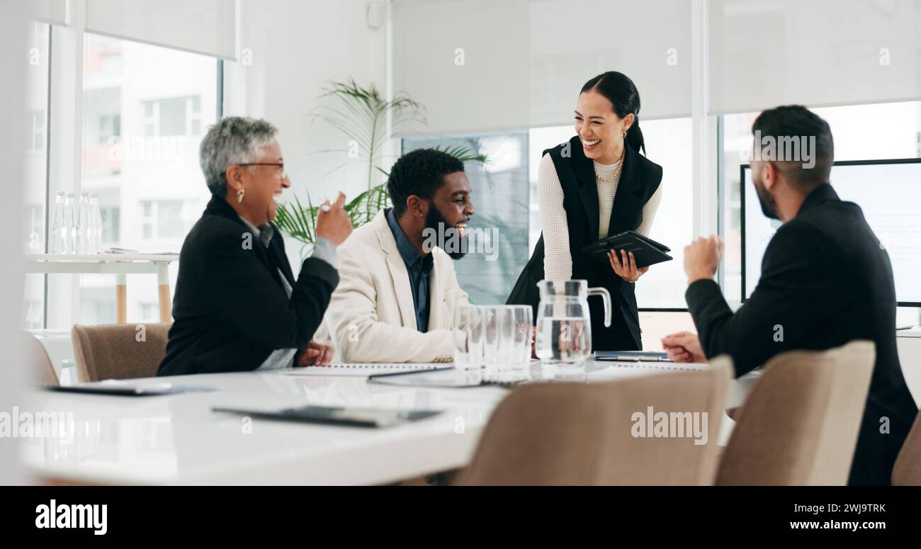 Presentation, laughing and meeting with business woman and tablet for ...