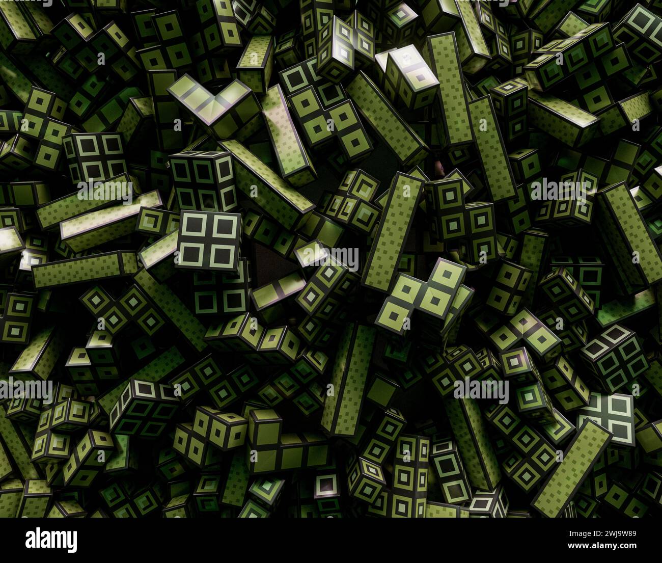 A mass pile of various 3D blocked shapes with an 8-Bit look on a dark ...