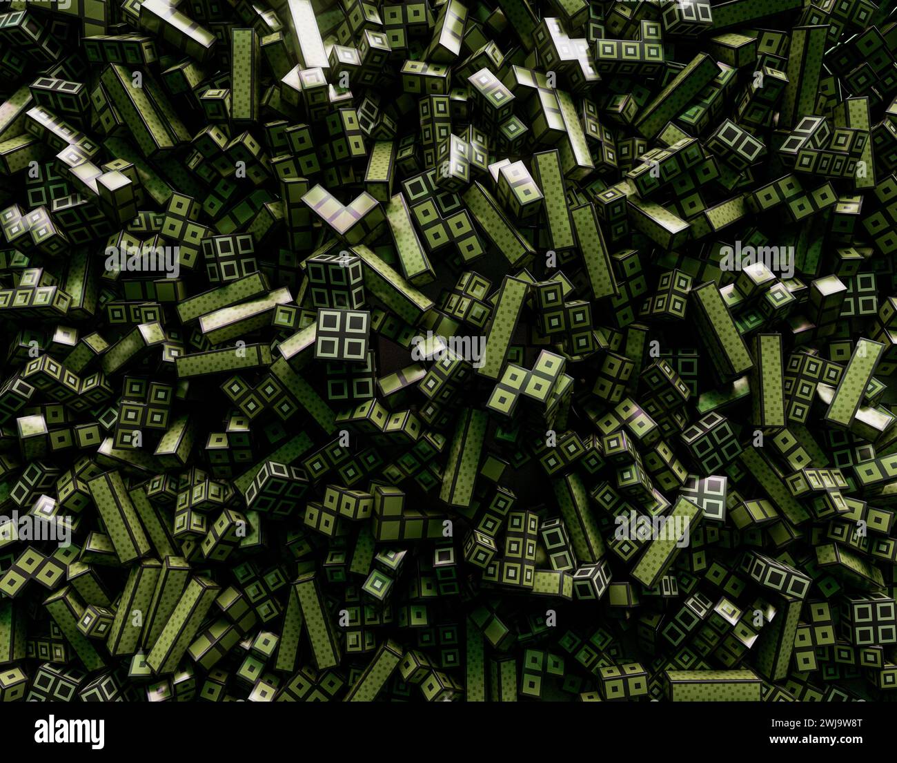 A mass pile of various 3D blocked shapes with an 8-Bit look on a dark ...