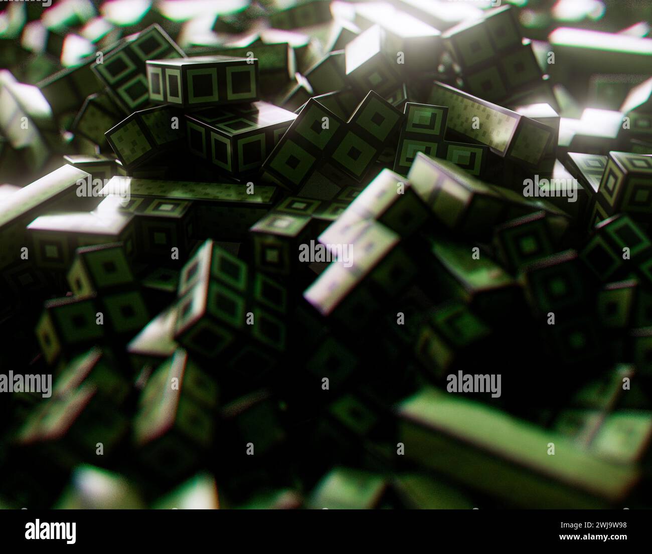 A mass pile of various 3D blocked shapes with an 8-Bit look on a dark ...