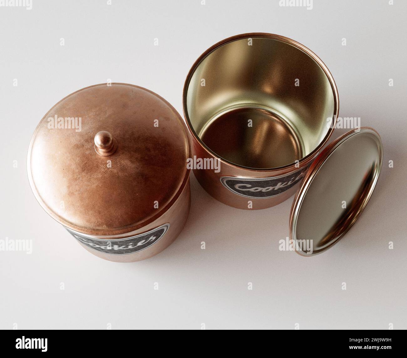 A concept showing two copper cookie jar tins with a metal embossed ...