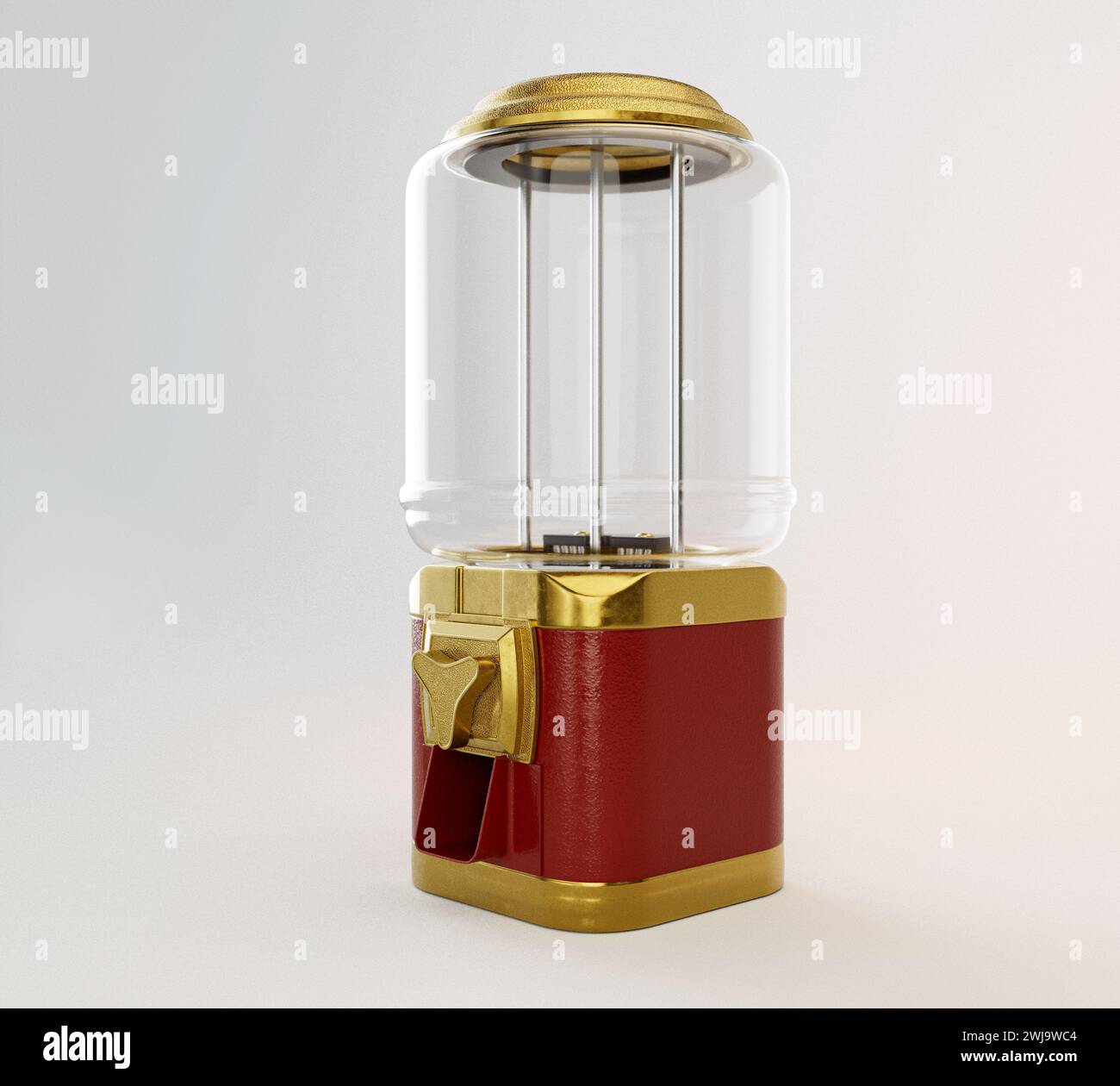 An empty red and brass vintage gumball dispensing machine fon an ...