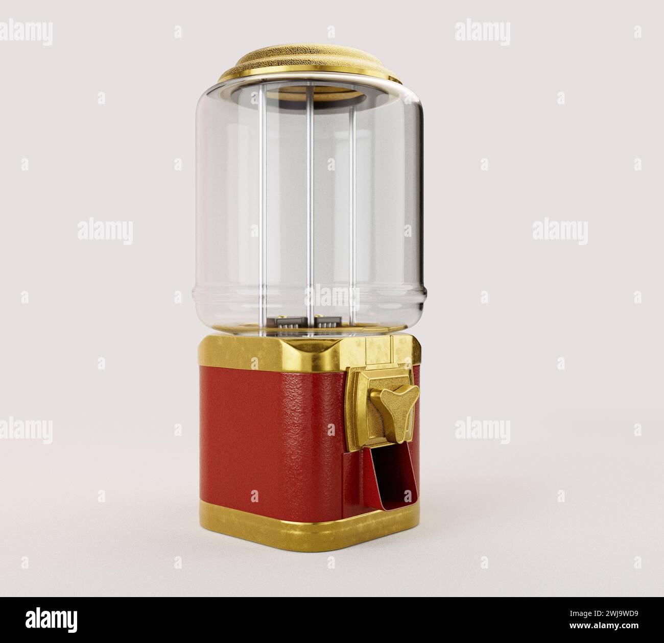 An empty red and brass vintage gumball dispensing machine fon an ...