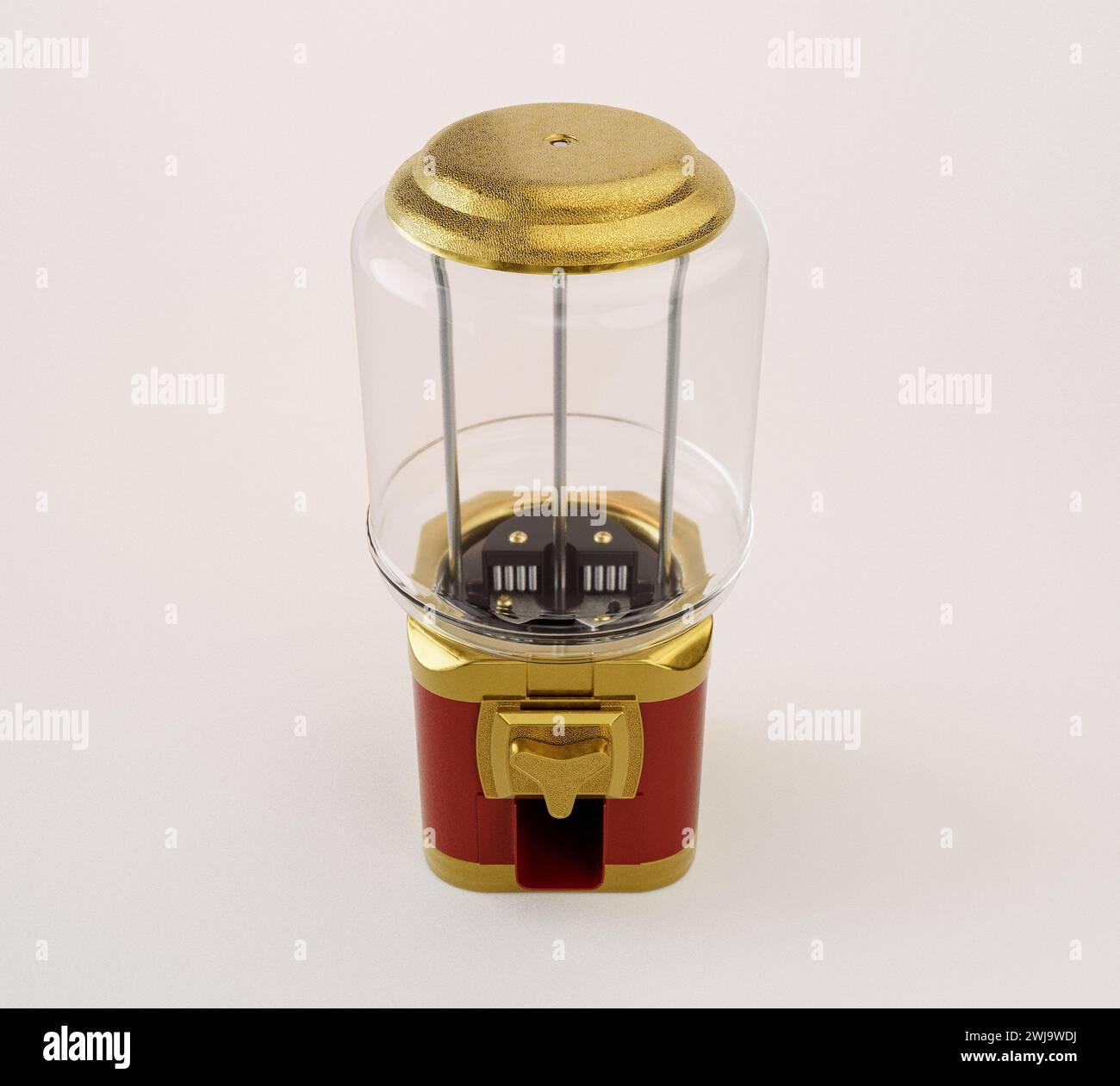 An empty red and brass vintage gumball dispensing machine fon an ...