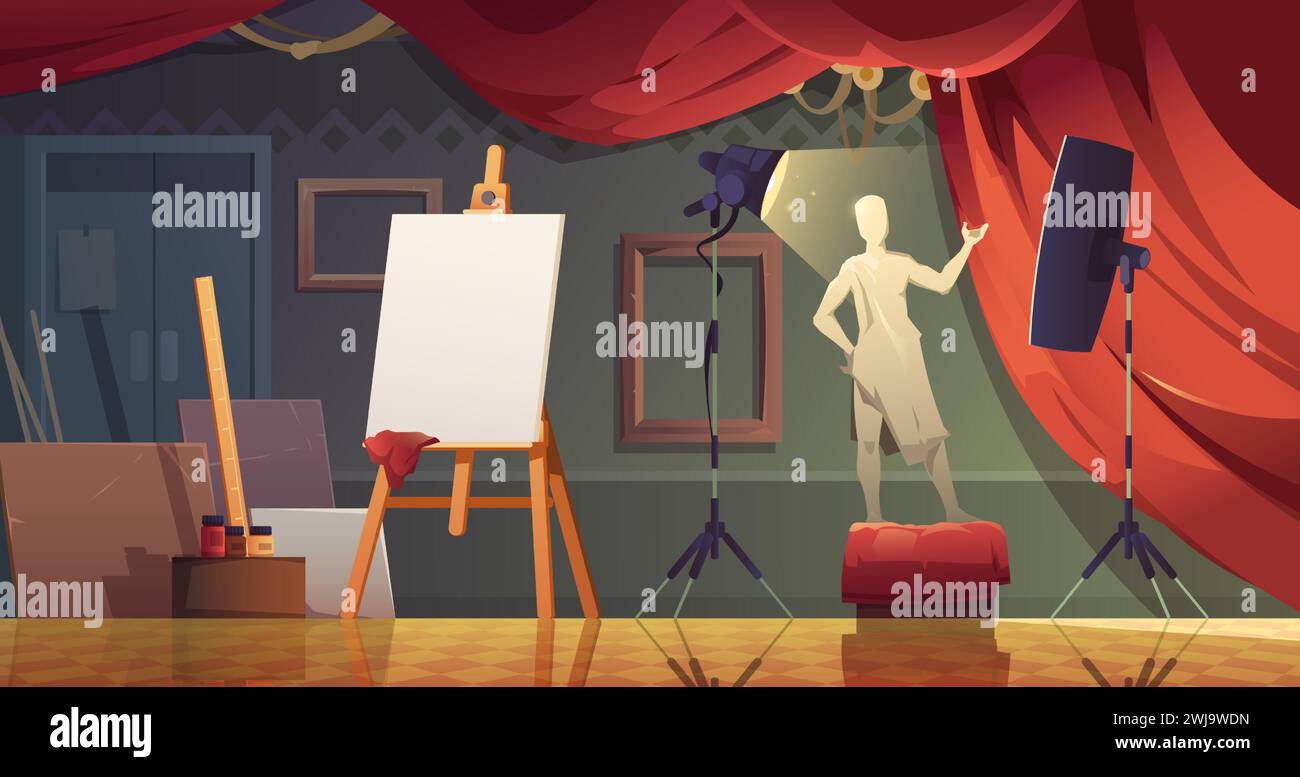 Art studio interior. Cartoon room with painting materials, workshop ...